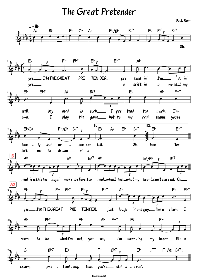 The Great Pretender (Lead sheet with lyrics ) Sheet Music for Piano ...