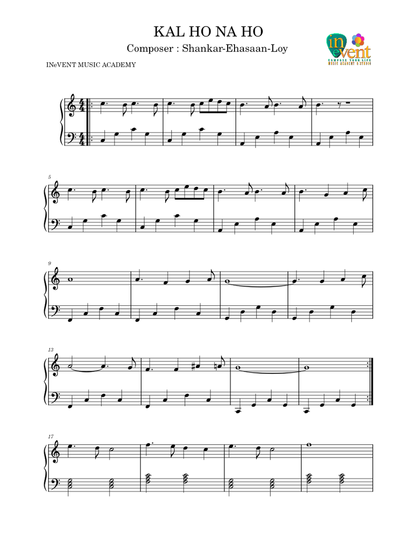 Kal ho na ho – Composer : Shankar-Ehasaan-Loy Sheet music for Piano ...