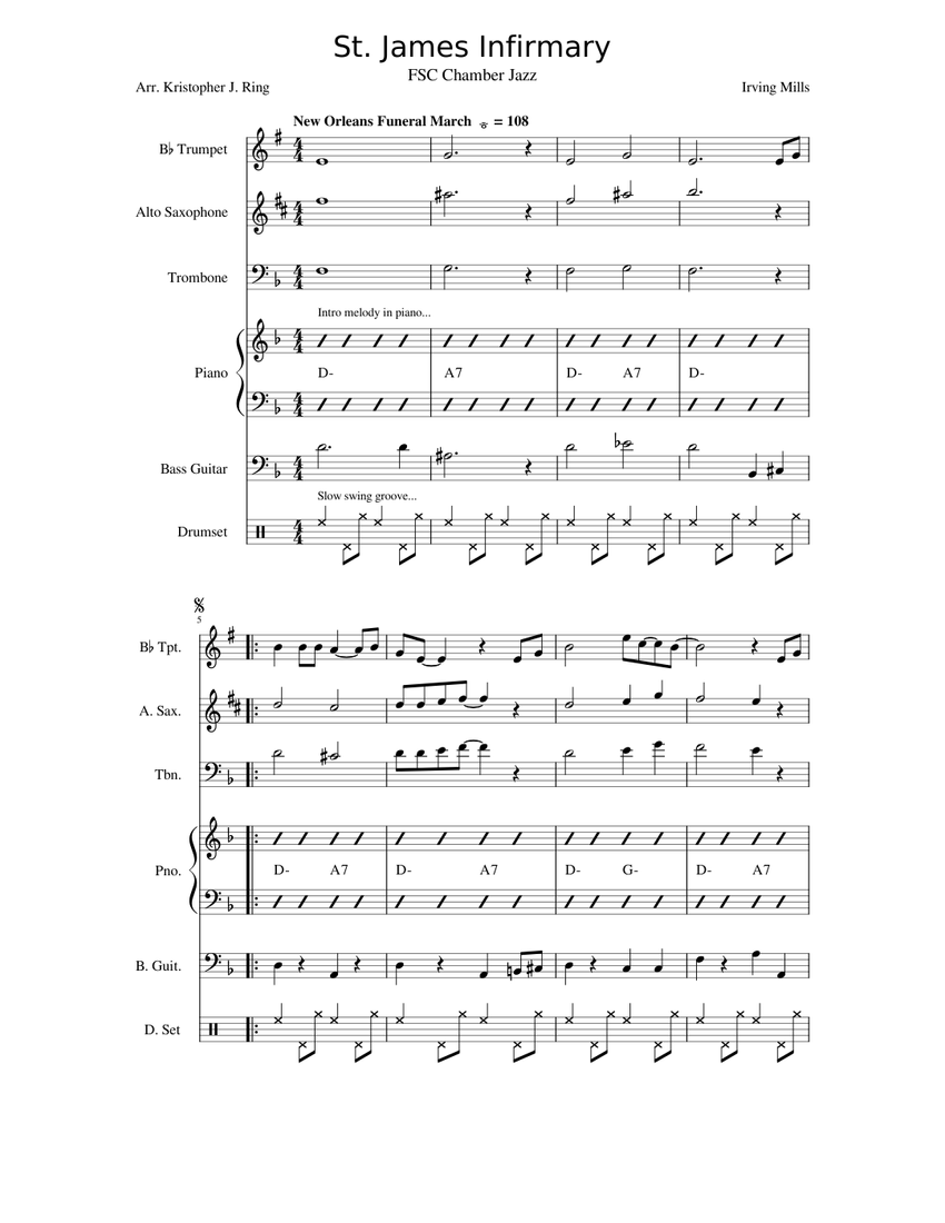 St. James Infirmary, for Jazz Combo Sheet music for Piano, Trombone, Saxophone alto, Trumpet in ...