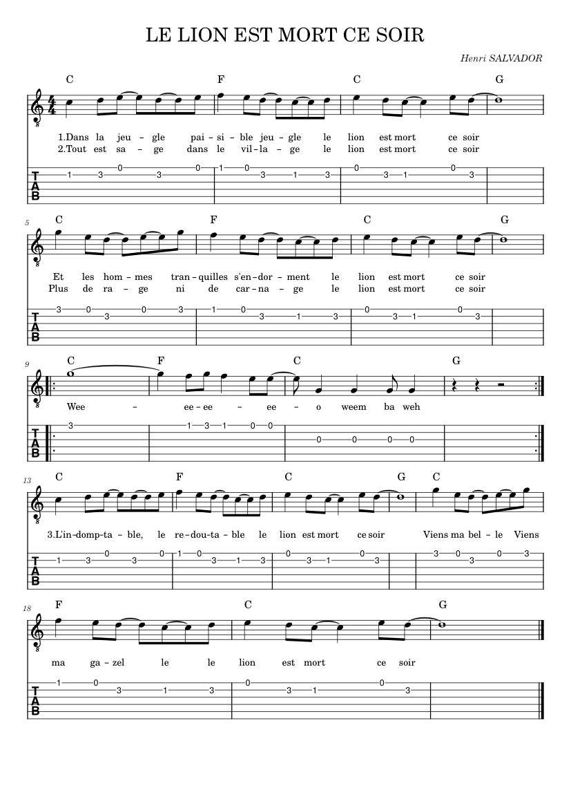 Le Lion Est Mort Ce Soir (paroles, accords et tablatures) – Henri ...