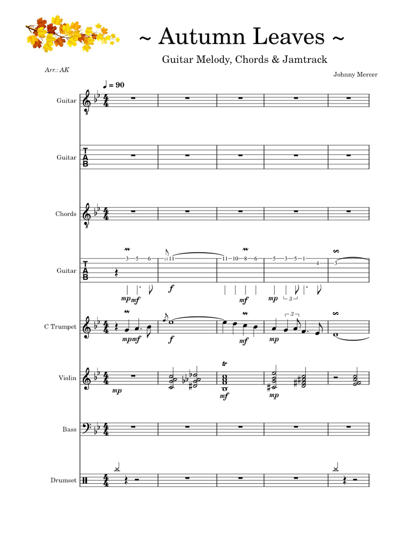 Autumn Leaves - Easy Guitar Melody & Jamtrack [revised] Sheet music for ...