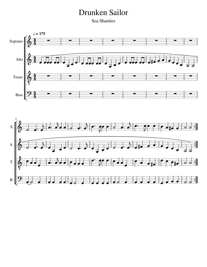 Drunken Sailor Sheet music for Soprano, Alto, Tenor, Bass voice (Men’s Choir) | Musescore.com