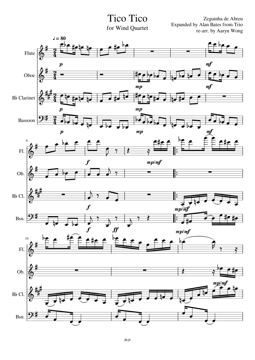 Tico Tico Sheet Music for Flute, Oboe, Clarinet in b-flat, Bassoon ...