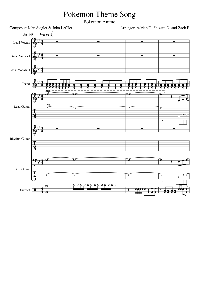 Pokemon Theme (Gotta Catch 'em All) Sheet music for Piano, Drum group ...
