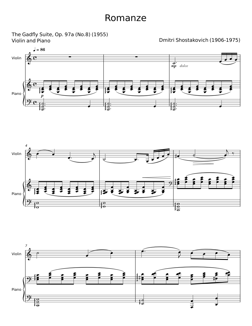 Romanze - Dmitri Shostakovich Sheet Music for Piano, Violin (Solo ...