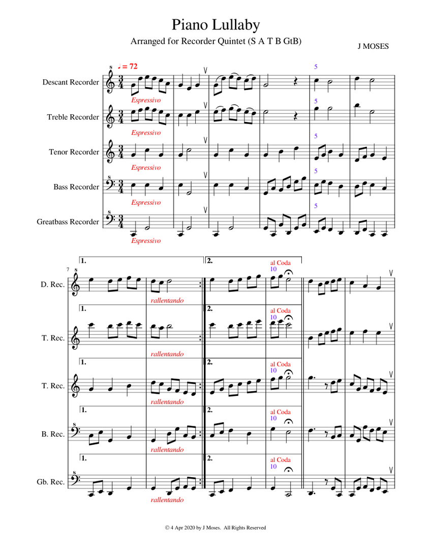 Piano Lullaby Sheet music for Recorder (Mixed Quintet) | Musescore.com