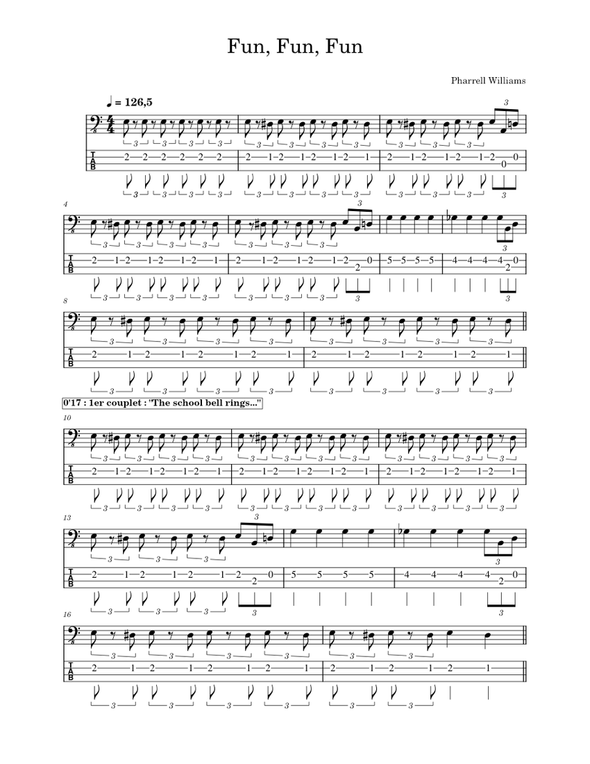 Fun, Fun, Fun – Pharrell Williams Sheet music for Bass guitar (Solo ...