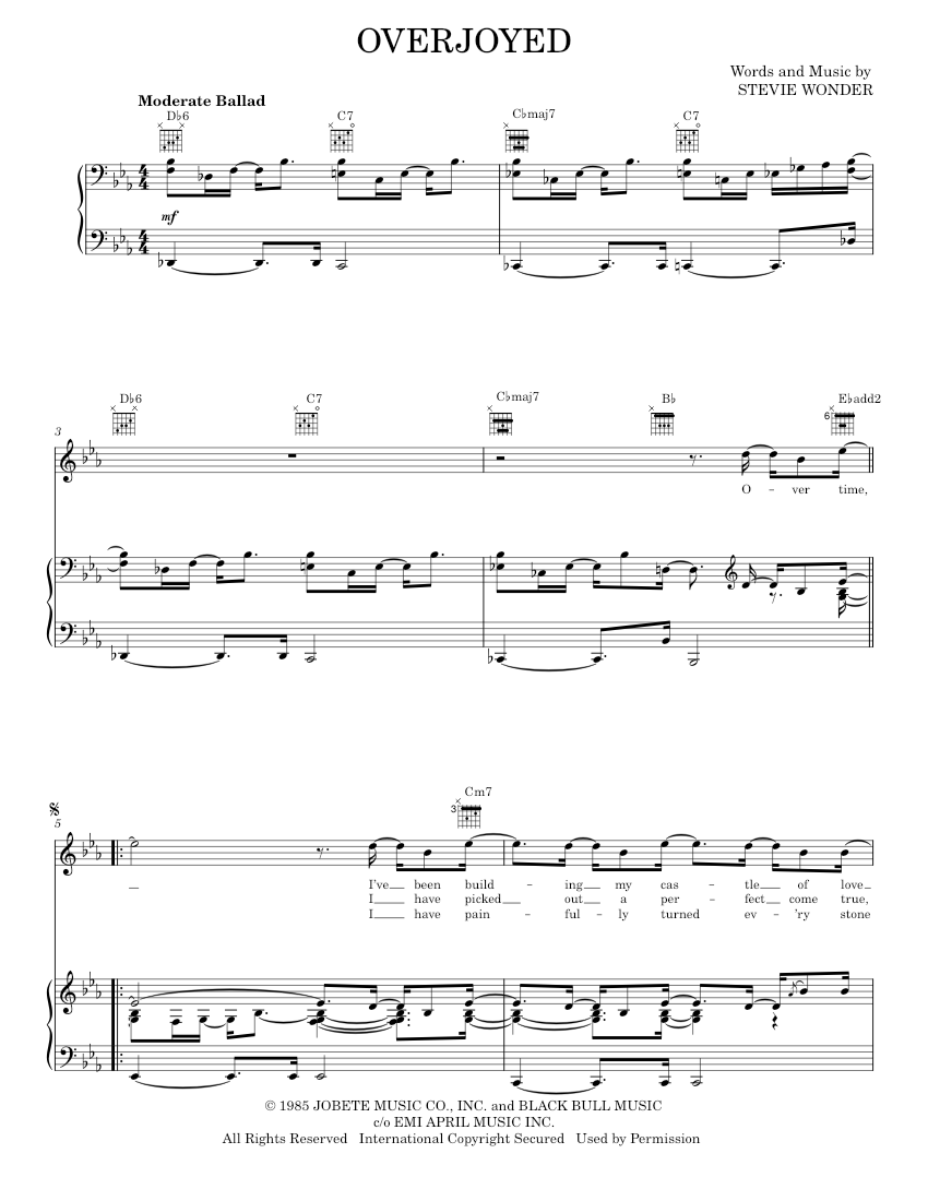 overjoyed Sheet music for Piano, Vocals by Stevie Wonder Official ...