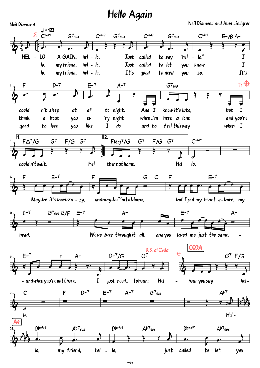 Hello Again (Lead sheet with lyrics ) Sheet music for Piano (Solo) Easy | Musescore.com