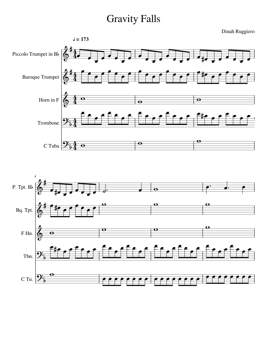 Gravity Falls for Brass Quintet Sheet music for Trombone, Tuba, Trumpet piccolo, French horn ...