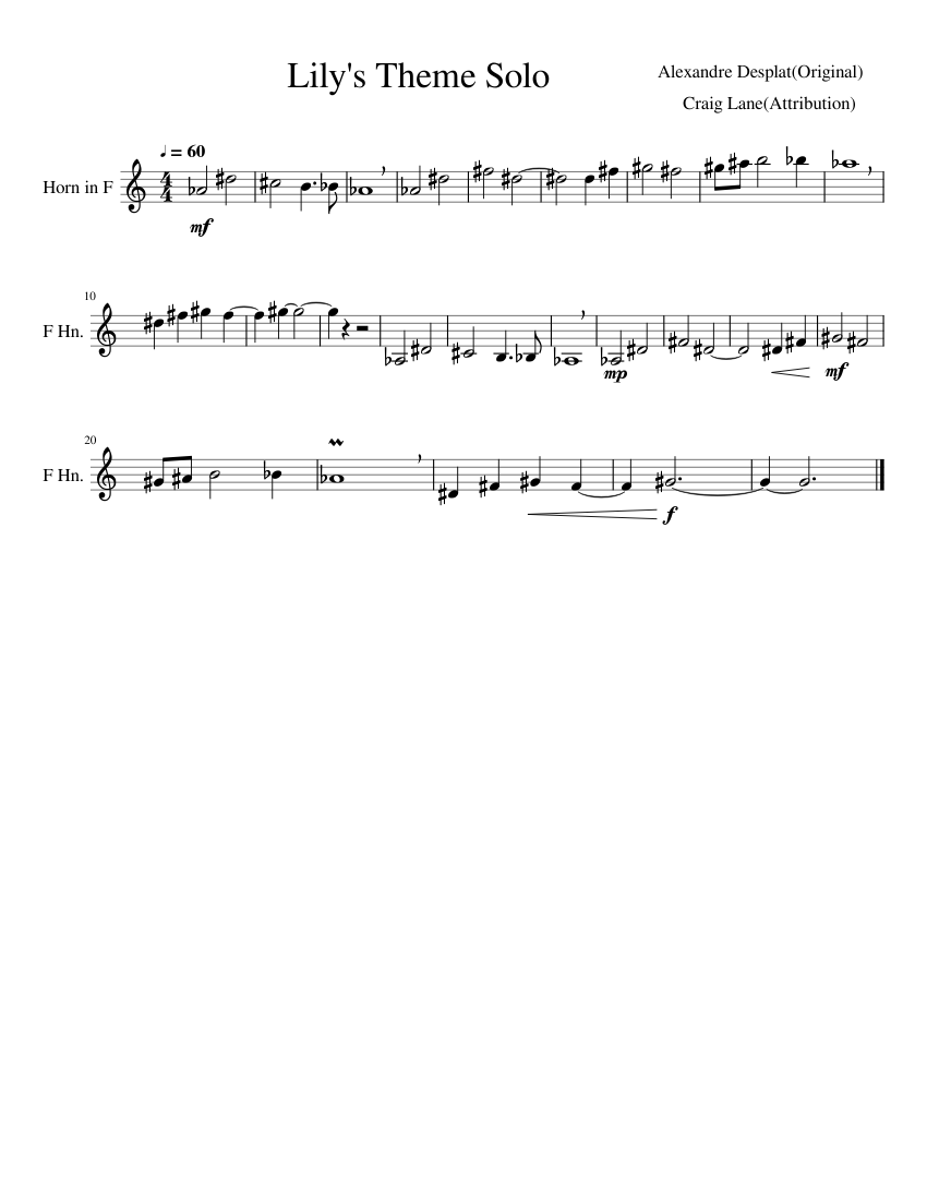 Lilys Theme Fh Sheet Music For French Horn Solo