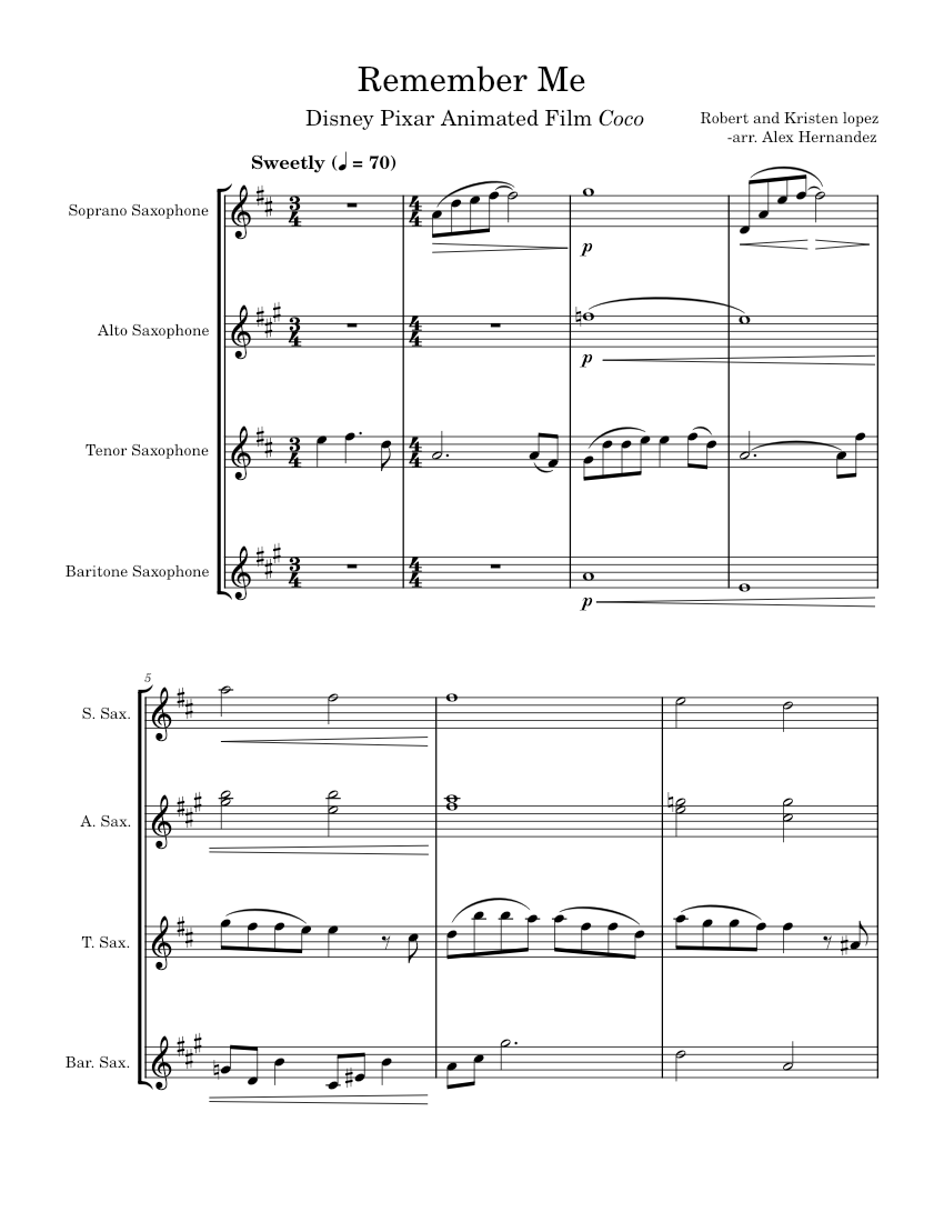 Remember Me - From Pixar Animated Film "Coco" – ALEX HERNANDEZ Sheet ...
