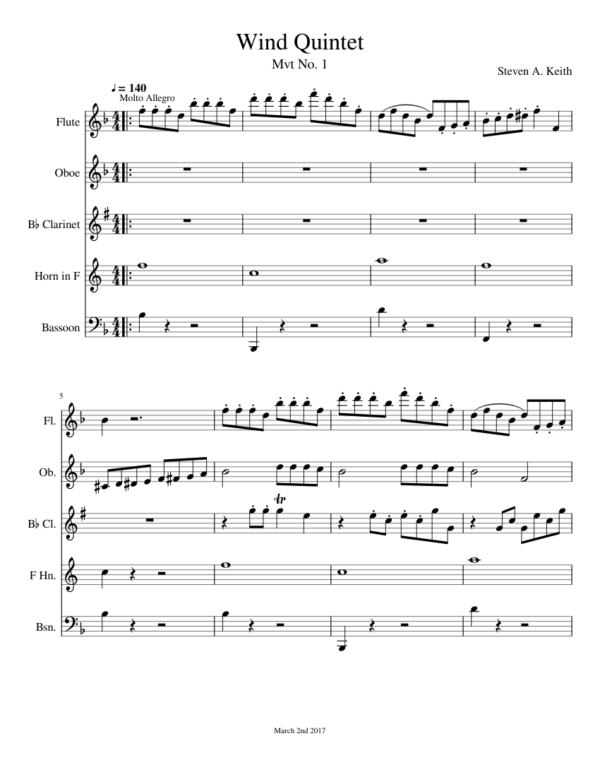 Wind Quintet (Mvt. No. 1) Sheet music for Flute, Oboe, Clarinet in b ...