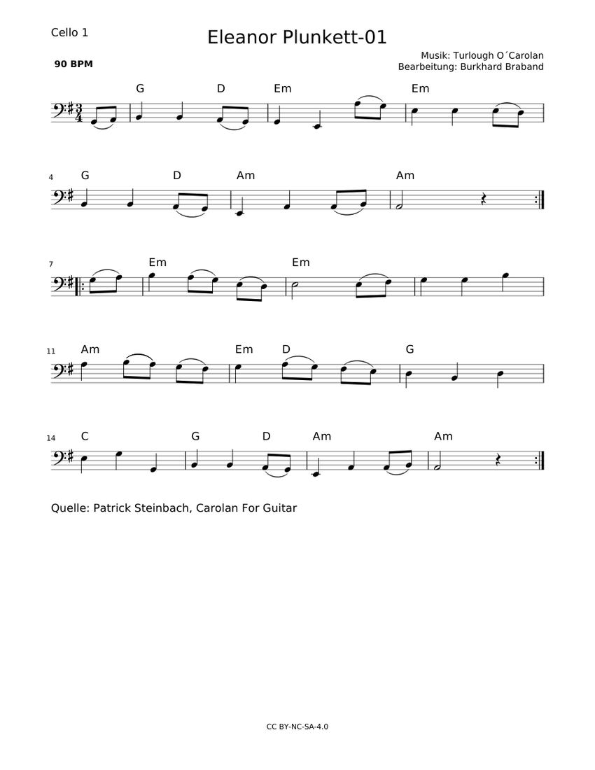Eleanor Plunkett-01-G/Em+Akkorde-Cello 1 Sheet music for Cello (Solo ...