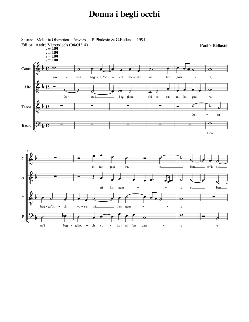 Donna i begli occhi - Paolo Bellasio Sheet music for Alto, Tenor ...