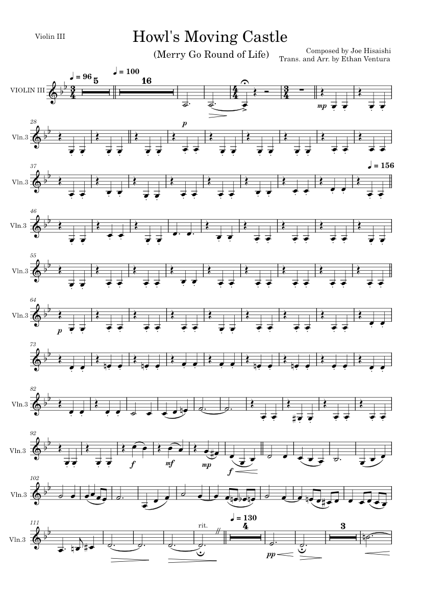 Howl's Moving Castle - Joe Hisaishi Sheet Music for Violin (Solo ...