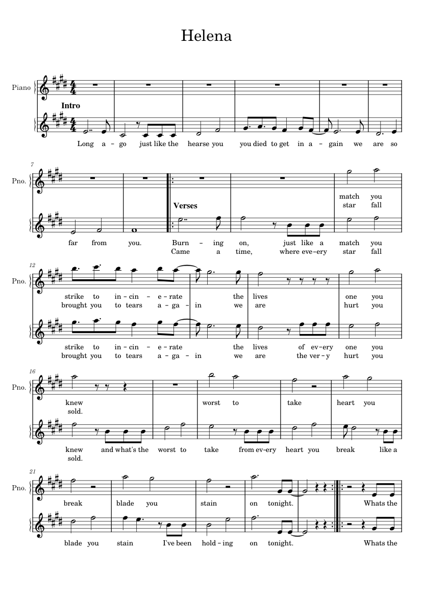 Original My Chemical Romance Helena Melody & Harmony Line Sheet music ...