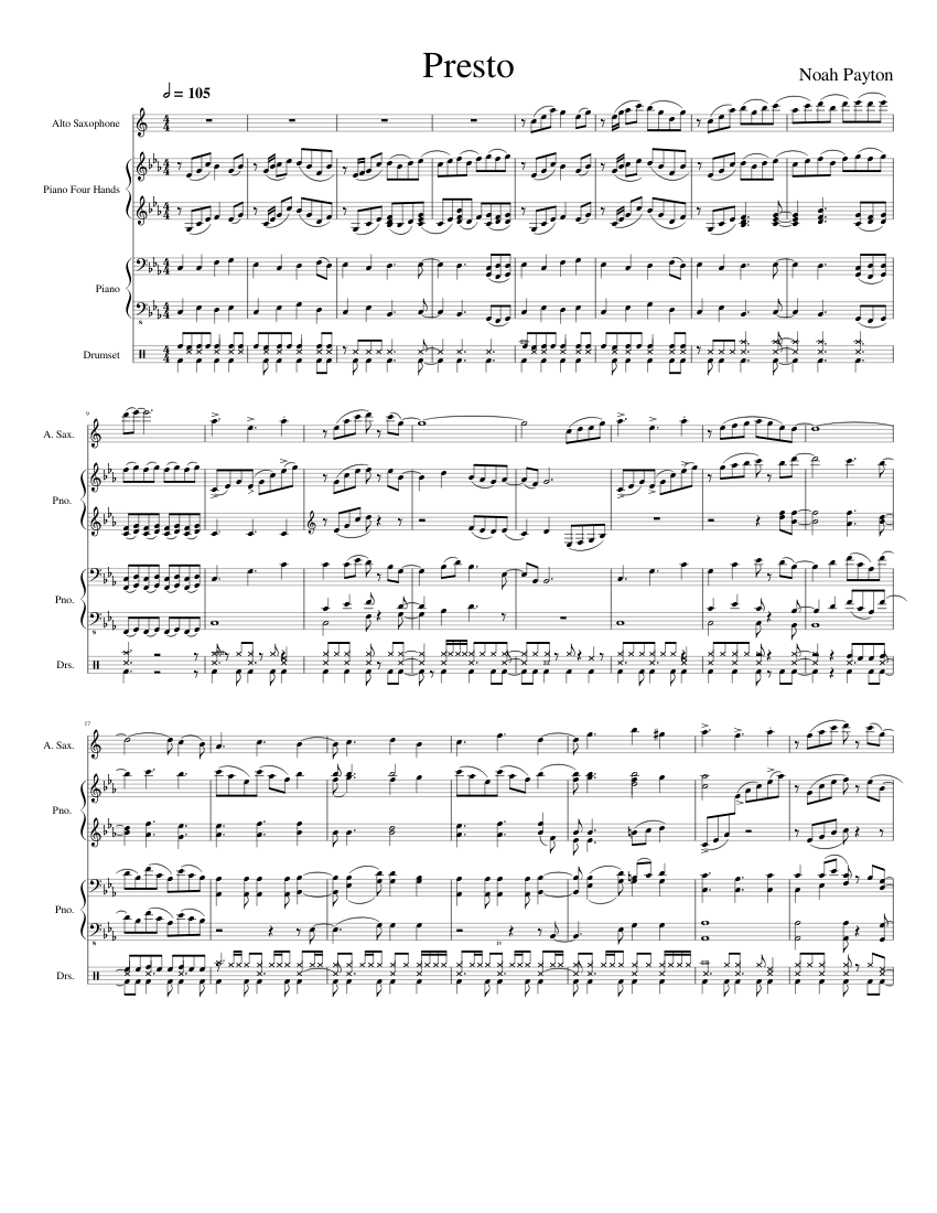 Presto Sheet music for Piano, Saxophone alto, Drum group (Mixed Quartet ...