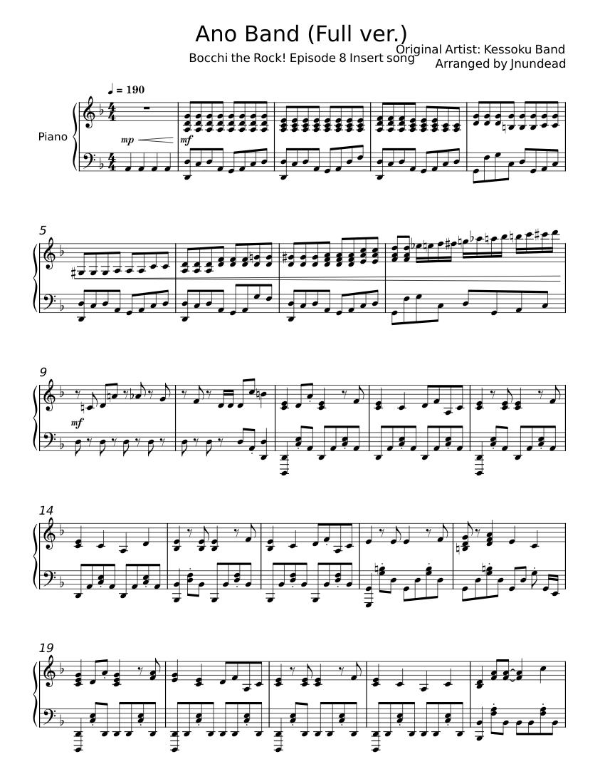 Ano Band - Kessoku Band Sheet Music for Piano (Solo) | MuseScore.com
