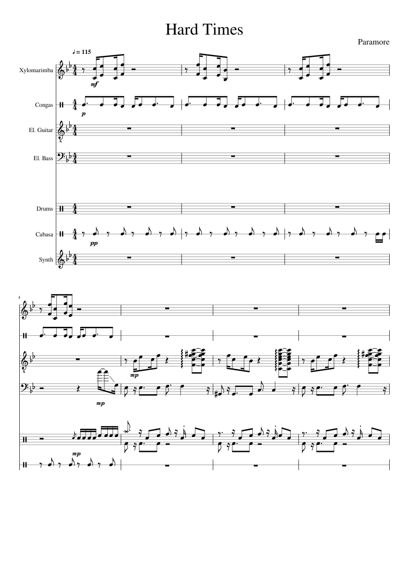 Hard Times-Paramore Sheet Music for Guitar, Bass guitar, Drum group ...