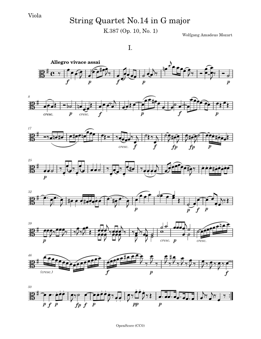 Mozart, Wolfgang Amadeus - String Quartet No.14 in G major, K.387 ...