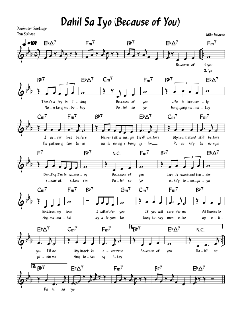 Dahil Sa Iyo – Mike Velarde Jr Sheet Music with Chords for Piano (Jazz ...
