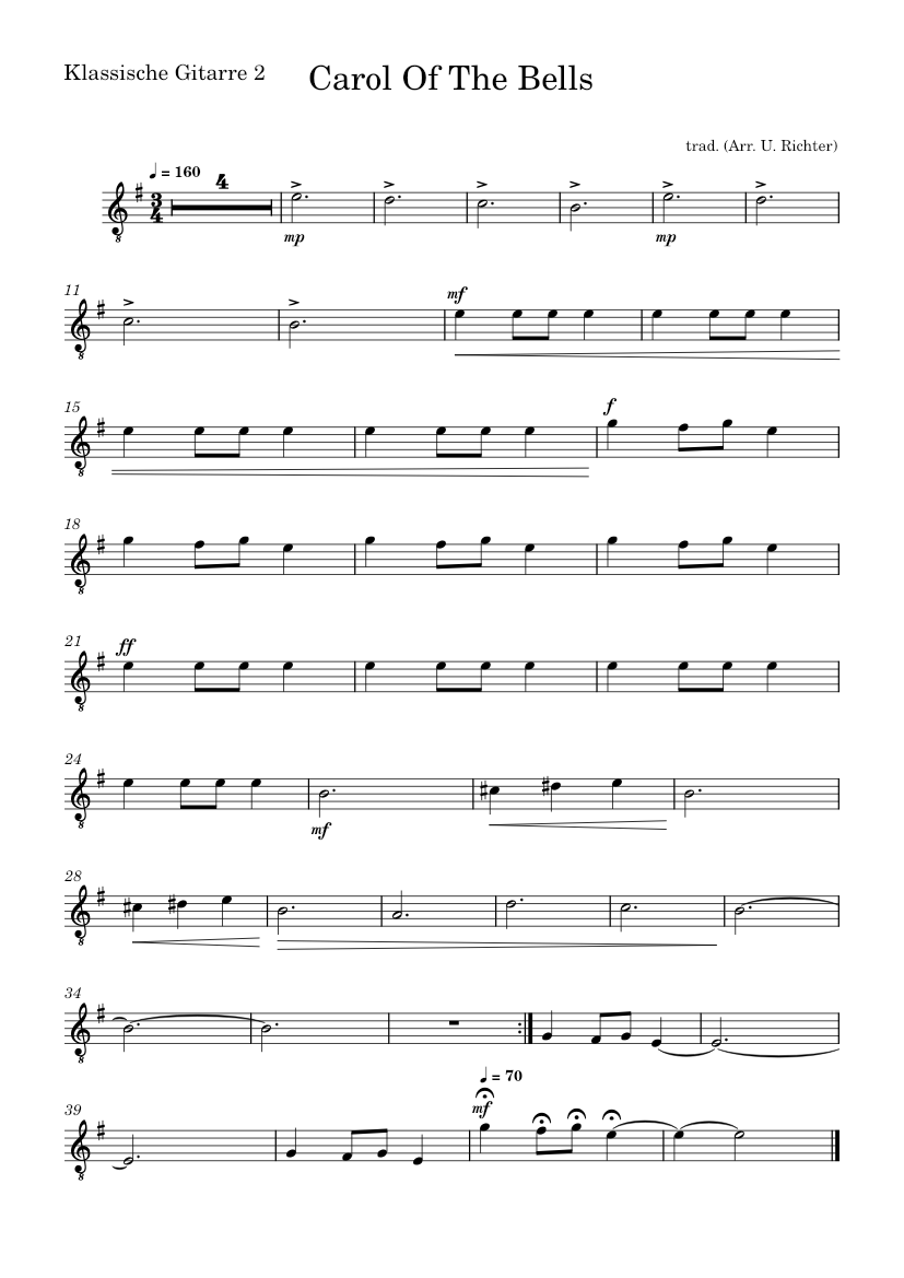 Carol Of The Bells-Klassische Gitarre 2 Sheet music for Guitar (Solo ...