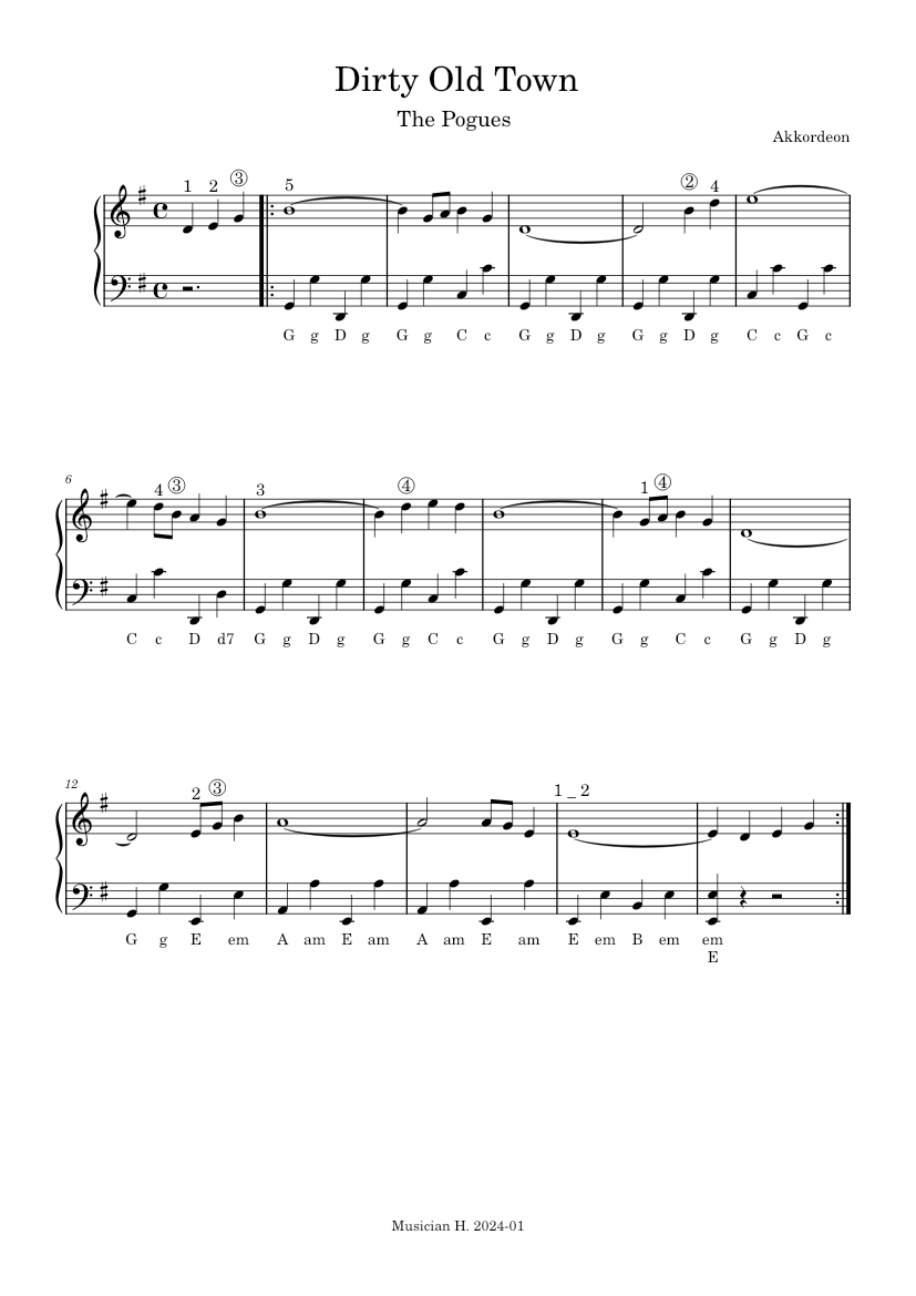 Dirty Old Town _ Akkordeon Sheet music for Piano (Solo) Easy ...