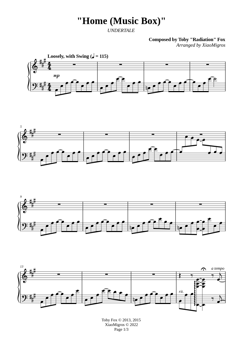 Home (Music Box) - UNDERTALE Sheet music for Piano (Solo) Easy ...