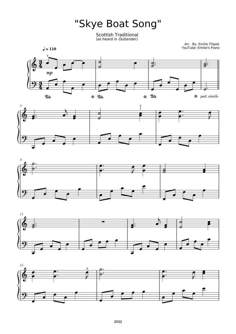 Skye Boat Song - Outlander - Arranged by Emilie Filipek Sheet Music for ...