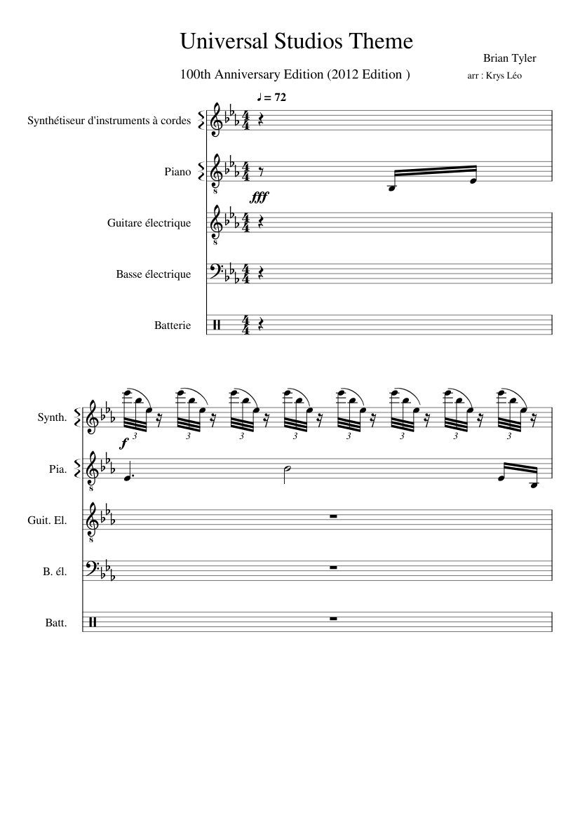 Universal Studios Theme Sheet Music for Piano, Guitar, Bass guitar ...