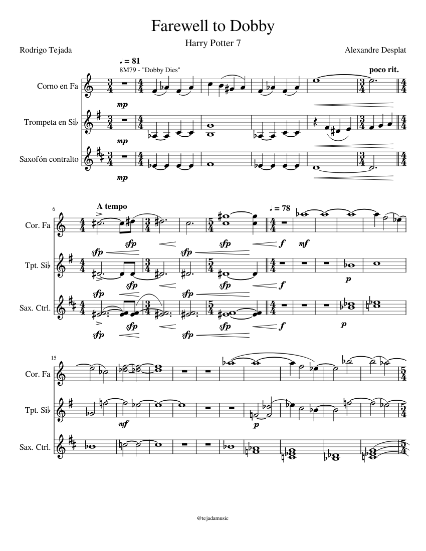 Farewell to Dobby score Sheet music for Saxophone alto, Trumpet in b ...