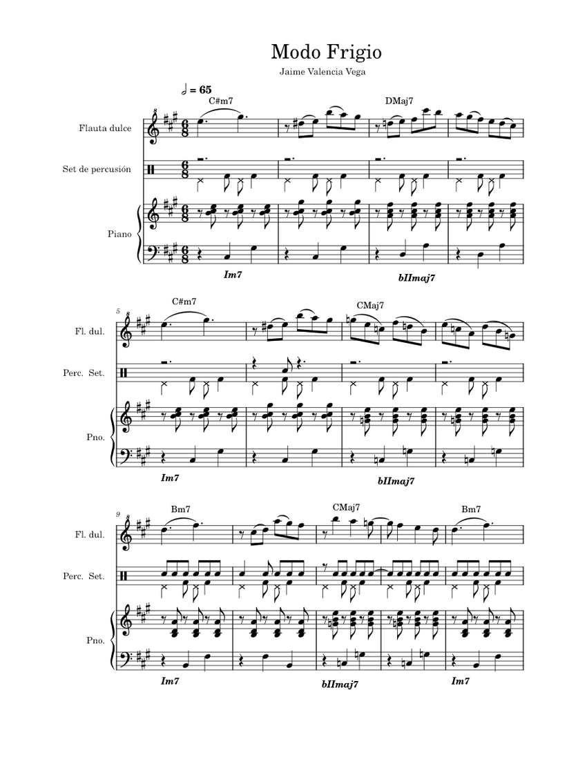 MODO FRIGIO Jaime Valencia Sheet music for Piano, Drum group, Recorder ...