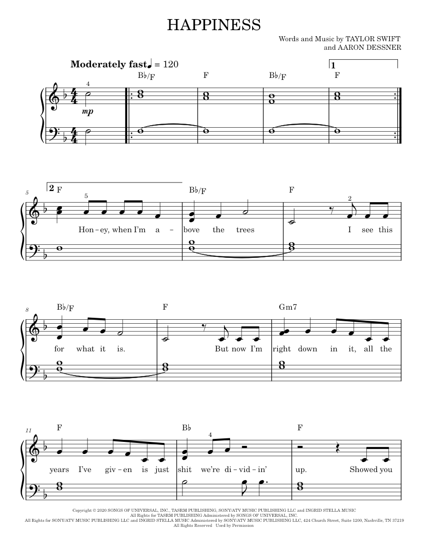 Play Official version of Happiness Sheet Music by Taylor Swift for ...
