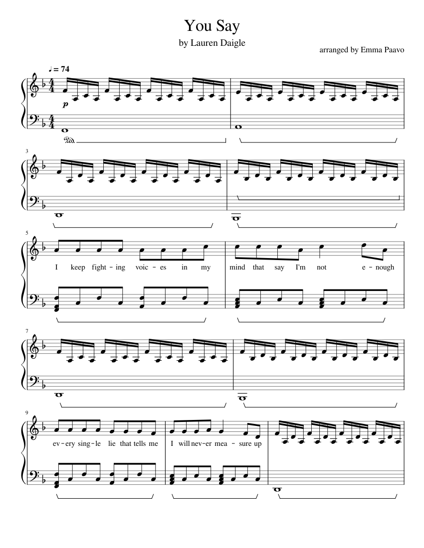 You Say - Lauren Daigle (with lyrics) Sheet Music for Piano (Solo ...