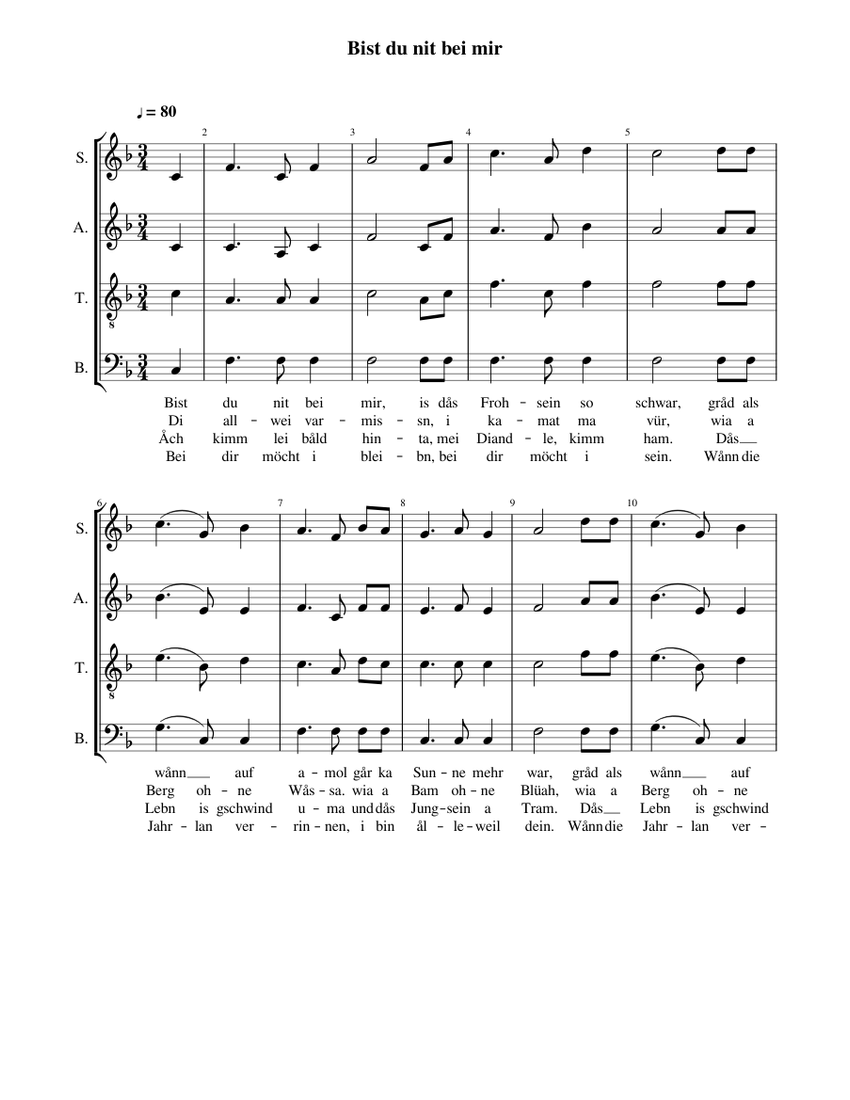 Bist du nit bei mir Sheet music for Soprano, Tenor, Alto, Bass (Choral ...