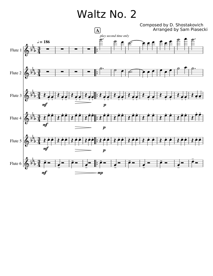 Waltz No 2 Flute Sextet Sheet music for Flute (Woodwind Ensemble ...