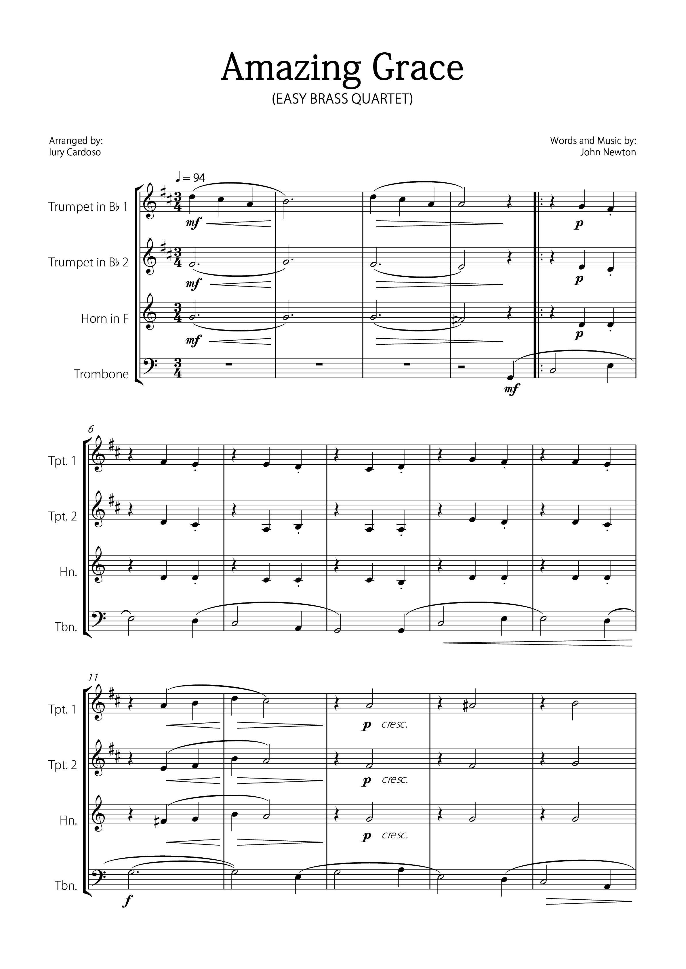 Play Official version of Amazing Grace Sheet Music by John Newton for Trombone, French horn ...