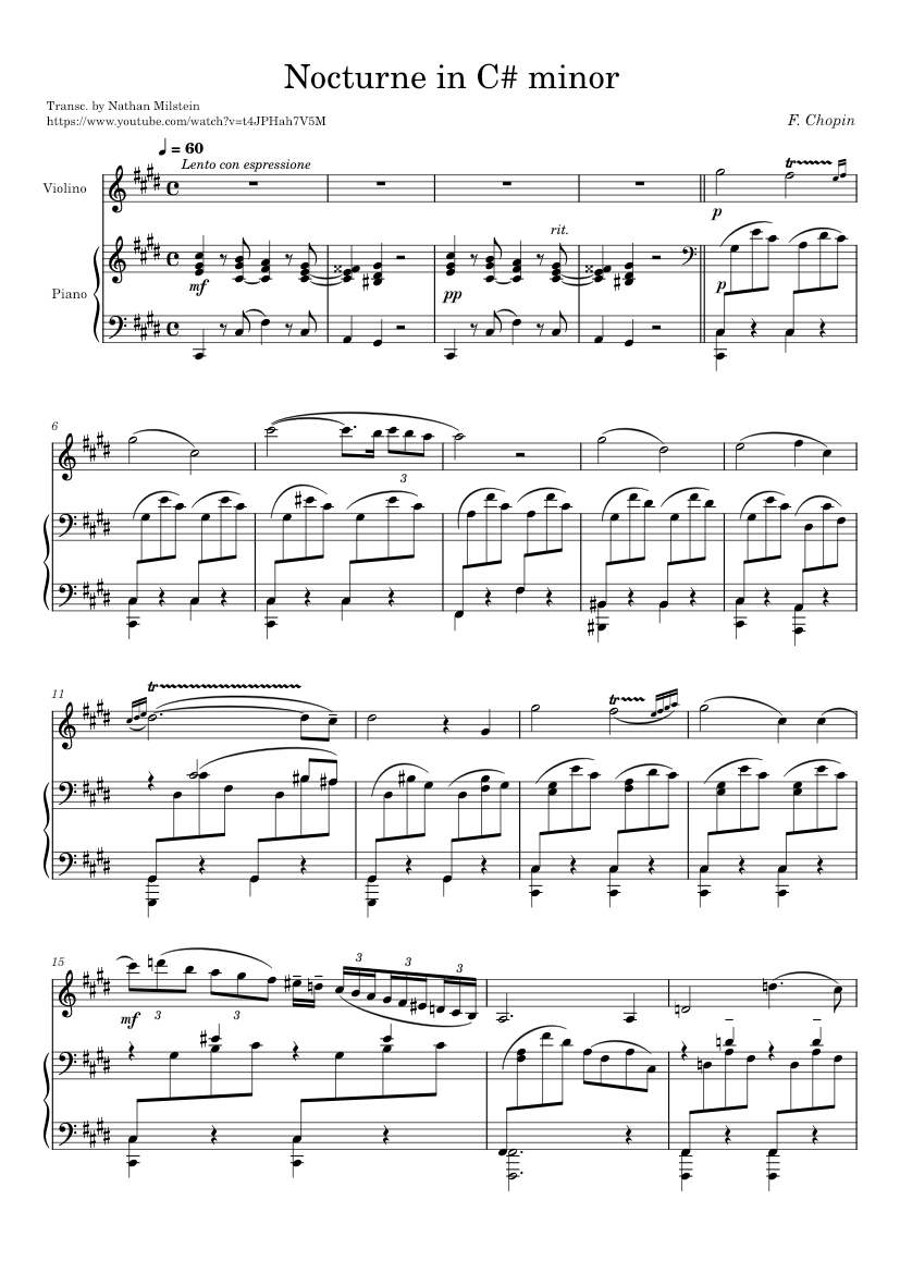 Nocturne No 20 in C sharp minor – F. Chopin Sheet music for Piano, Violin (Solo) | Musescore.com
