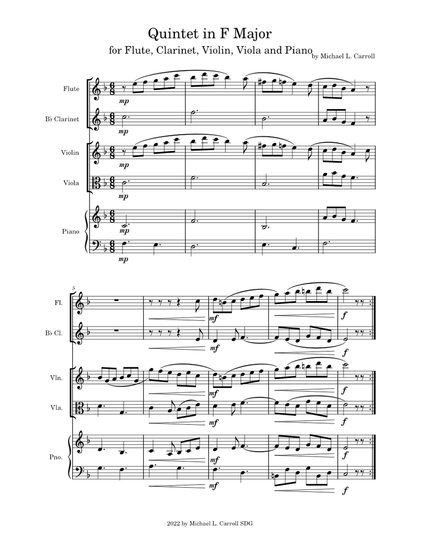 Quintet in F Major Sheet music for Piano, Flute, Clarinet in b-flat, Violin & more instruments ...