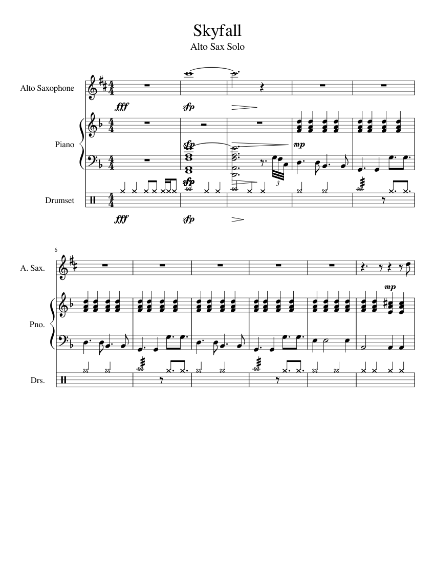 Skyfall alto sax solo with piano bass drum set Sheet music for Piano ...