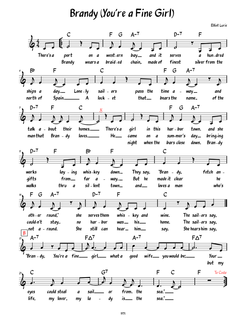 Brandy (You're a Fine Girl) (Lead sheet with lyrics ) Sheet music for ...