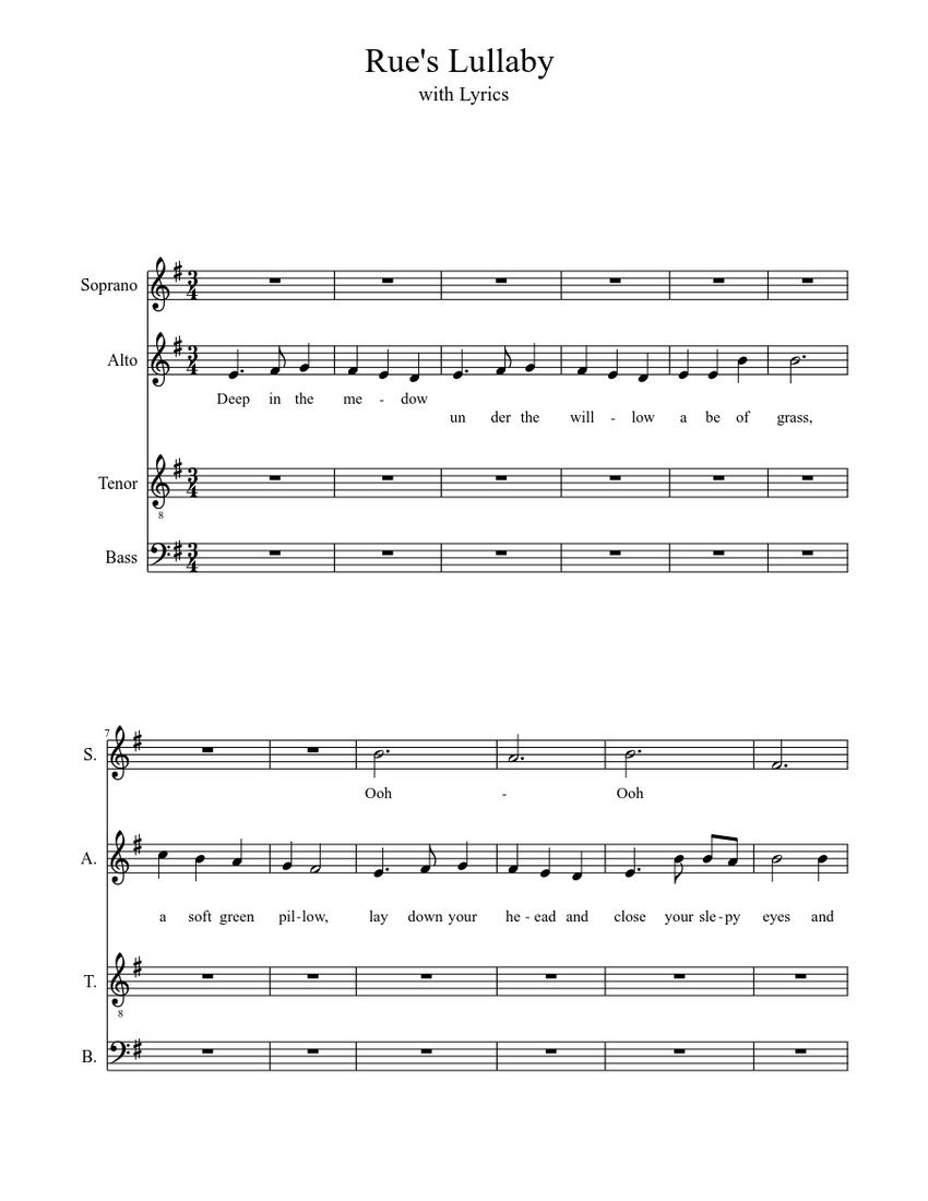 Rue's Lullaby (SATB) Sheet music for Bass guitar (Solo) | Musescore.com
