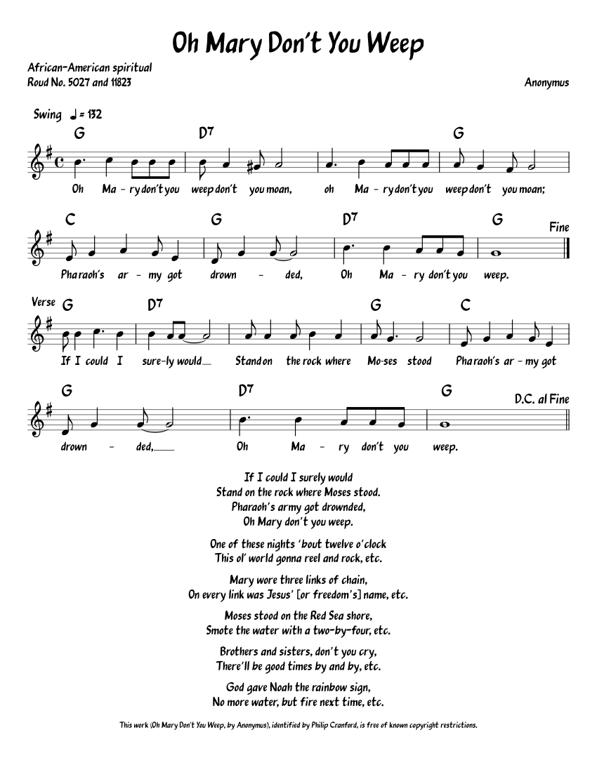 Oh Mary Don't You Weep - Lead Sheet Sheet music for Piano (Solo ...