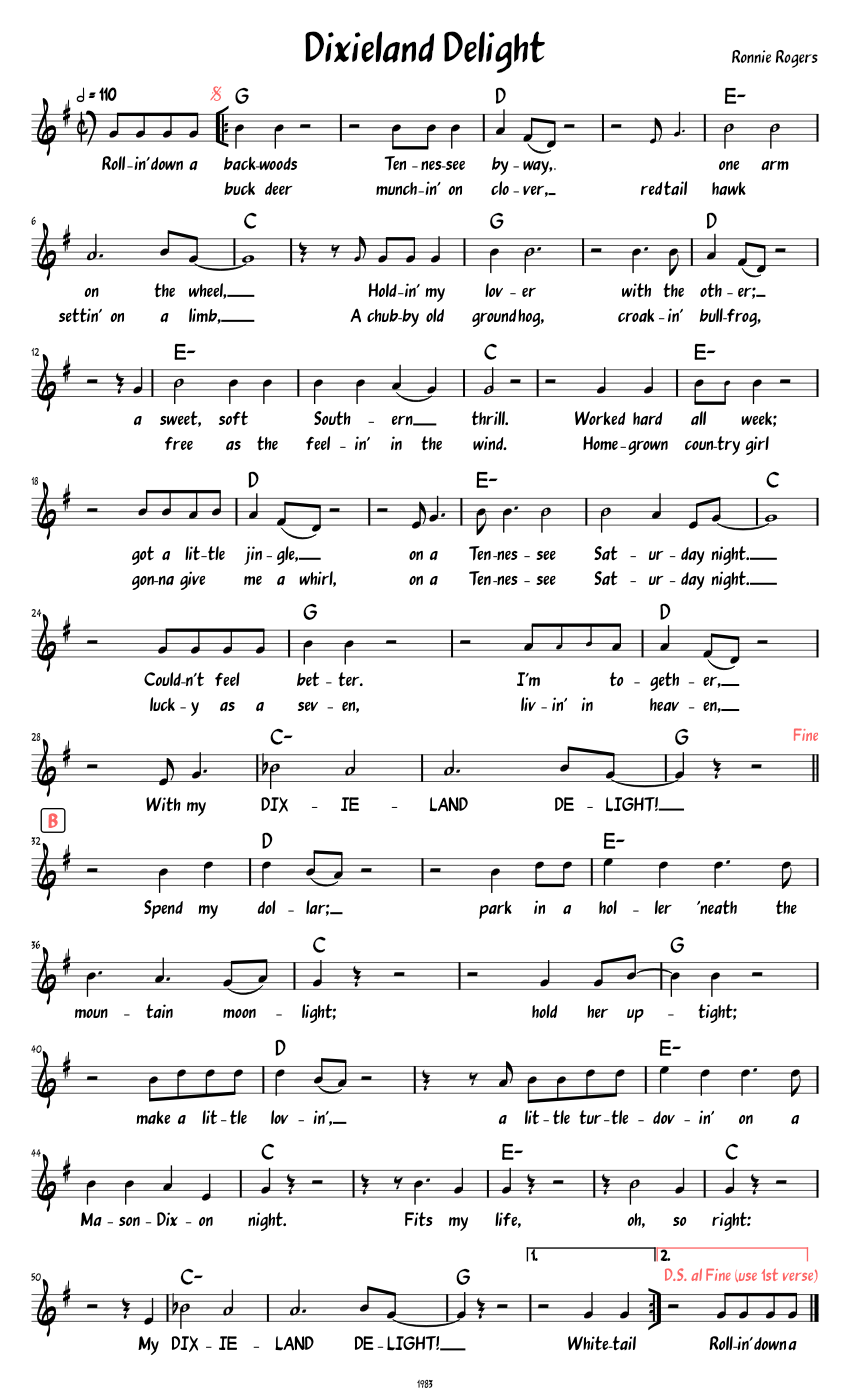 Dixieland Delight (Lead sheet with lyrics ) Sheet Music with Chords for ...