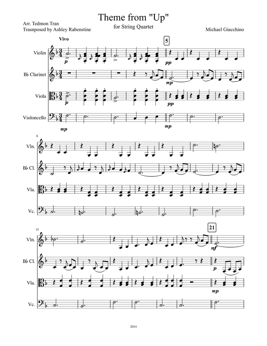 Theme from "Up" Sheet music for Violin, Clarinet (In B Flat), Cello ...