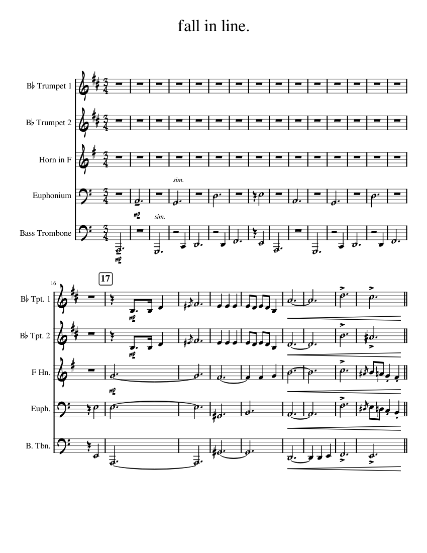 fall in line. Sheet music for Euphonium, Trombone bass, Trumpet in b ...