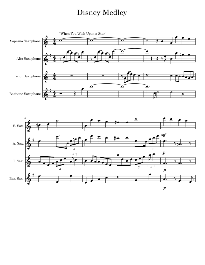 Disney Sax Quartet Medley Sheet Music for Saxophone alto, Saxophone ...