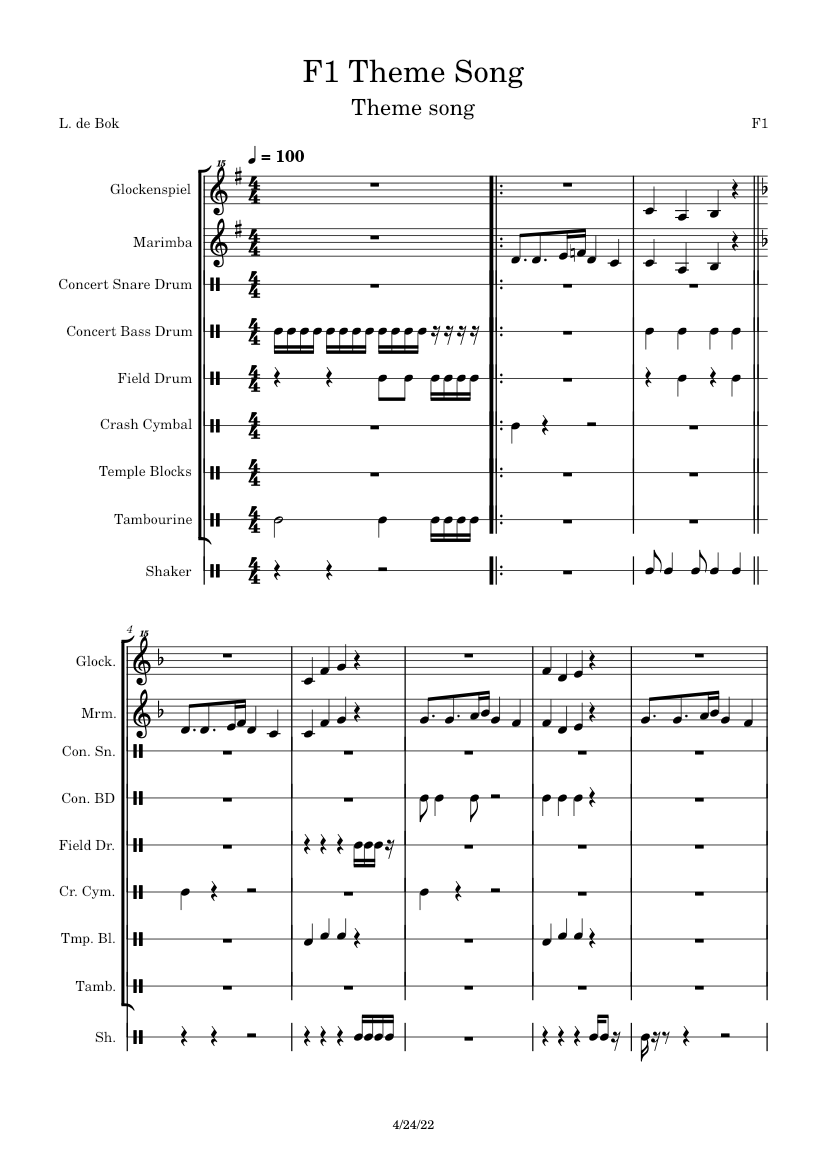 F1 Theme Song v0.2 Sheet Music for Tambourine, Glockenspiel, Snare drum ...