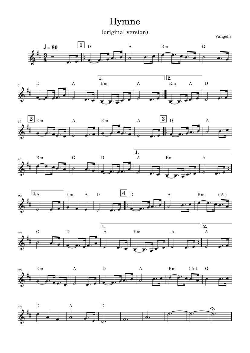 Hymne – Vangelis Hymne (original version) Sheet Music with Chords for Piano (Solo) Easy ...